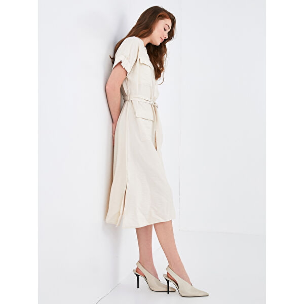 LCW CLASSIC Hakim Yaka Beli Kuşaklı Cep Detaylı Kısa Kollu Kadın Elbise