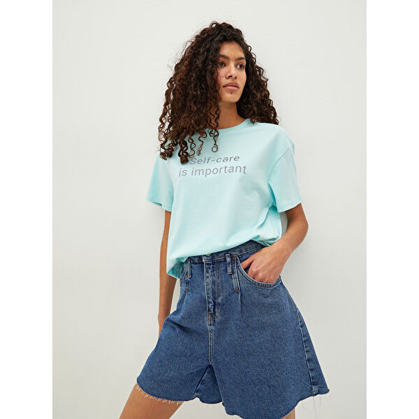 Bisiklet Yaka Baskılı Kısa Kollu Kadın Sweatshirt Anne Kız Kombini