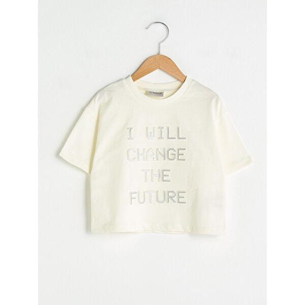 Bisiklet Yaka Yazı Baskılı Kısa Kollu Kız Çocuk Tişört