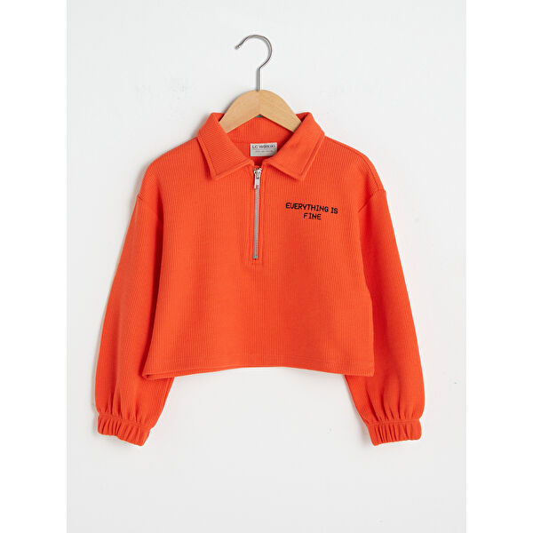 Gömlek Yaka Yazı İşlemeli Uzun Kollu Kız Çocuk Sweatshirt