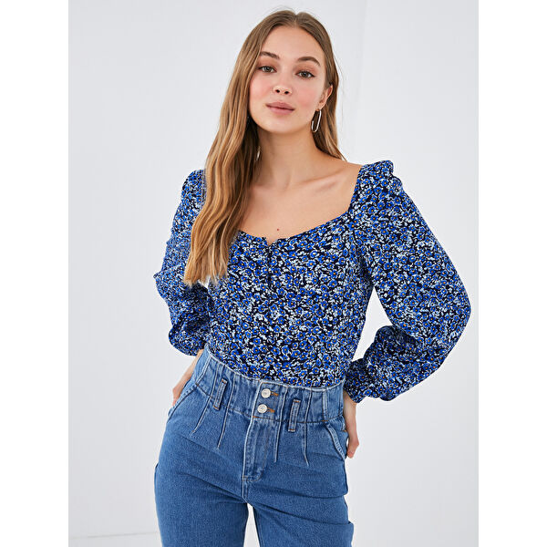 LCW CASUAL Kare Yaka Çiçek Baskılı Uzun Kollu Maroken Kadın Bluz