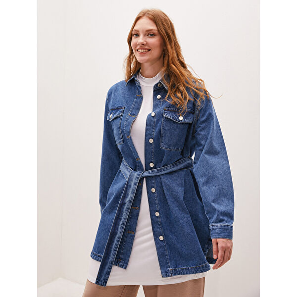 MODEST Gömlek Yaka Beli Kuşaklı Uzun Kollu Kadın Jean Ceket