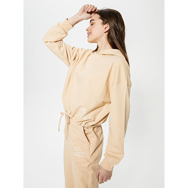 LCW GREEN Kapüşonlu Slogan Baskılı Uzun Kollu Kadın Sweatshirt