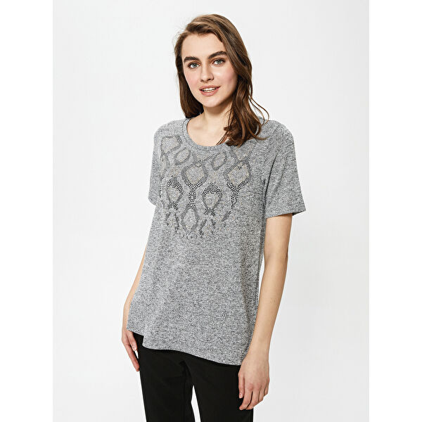 LCW GRACE Bisiklet Yaka Payet Nakışlı Kısa Kollu Kadın Bluz