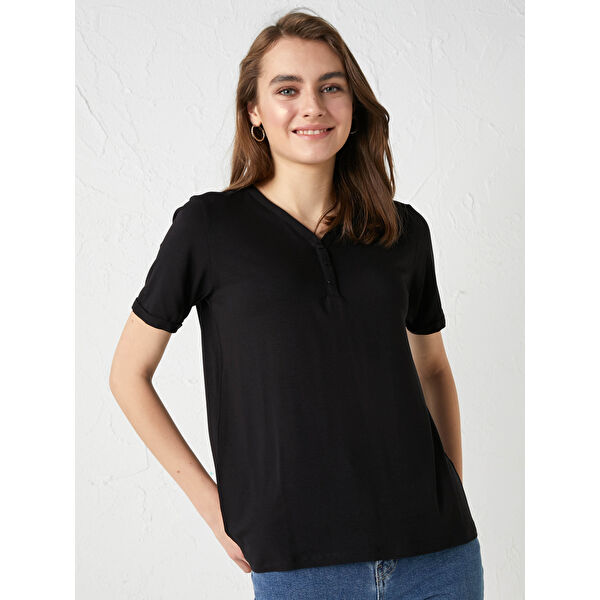 LCW GRACE V Yaka Düz Düğme Detaylı Kısa Kollu Kadın Bluz