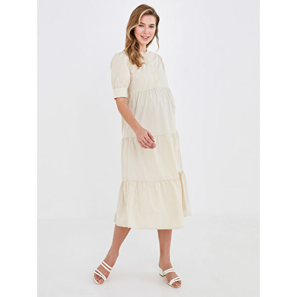 Hakim Yaka Fırfır Detaylı Kısa Kollu Emzirme Özellikli Poplin Hamile Elbise