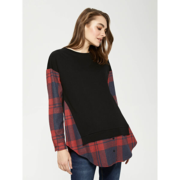 Bisiklet Yaka Ekose Desenli Uzun Kollu Hamile Sweatshirt