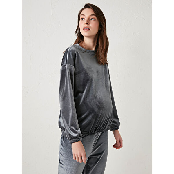 Bisiklet Yaka Düz Uzun Kollu Kadife Hamile Sweatshirt