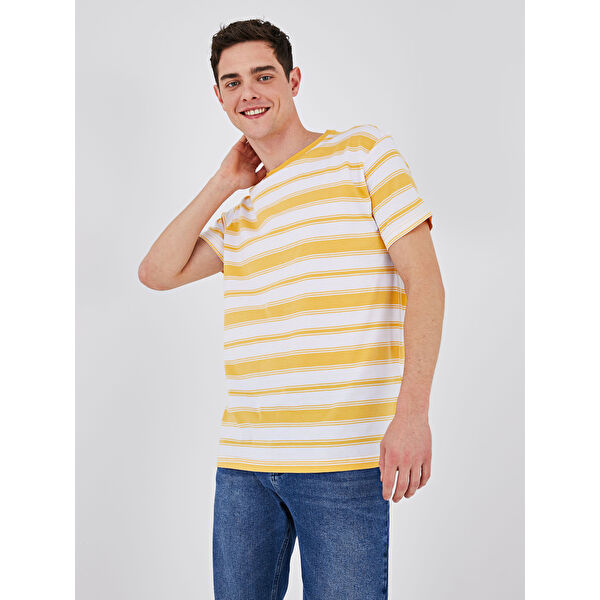 Bisiklet Yaka Kısa Kollu Çizgili Penye Erkek Tişört