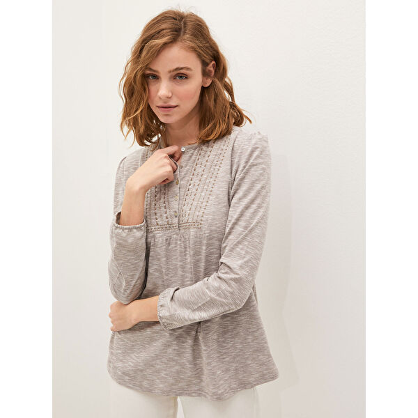 LCW GRACE Bisiklet Yaka Nakış Desenli Uzun Kollu Kadın Bluz