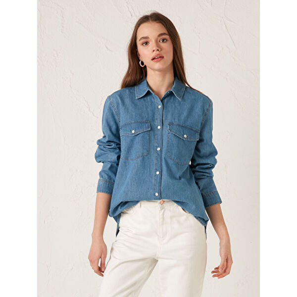 Cep Detaylı Düz Uzun Kollu Kadın Jean Gömlek Cep Detaylı Düz Uzun Kollu Kadın Jean Gömlek