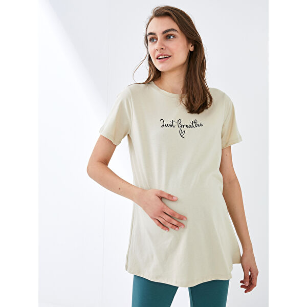 LCW GREEN Bisiklet Yaka Baskılı Kısa Kollu Organik Pamuklu Hamile Tişört