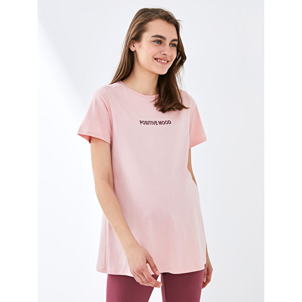 Bisiklet Yaka Baskılı Kısa Kollu Organik Pamuklu Hamile Tişört