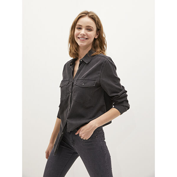 Cep Detaylı Düz Uzun Kollu Kadın Jean Gömlek Cep Detaylı Düz Uzun Kollu Kadın Jean Gömlek