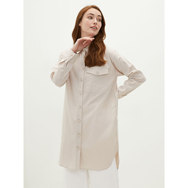 MODEST Gömlek Yaka Düz Cep Detaylı Uzun Kollu Poplin Kadın Tunik