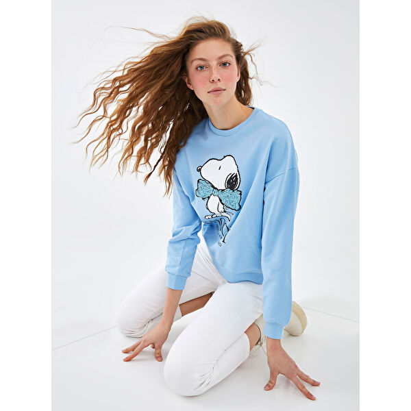 Bisiklet Yaka Snoopy Baskılı Uzun Kollu Kadın  Sweatshirt