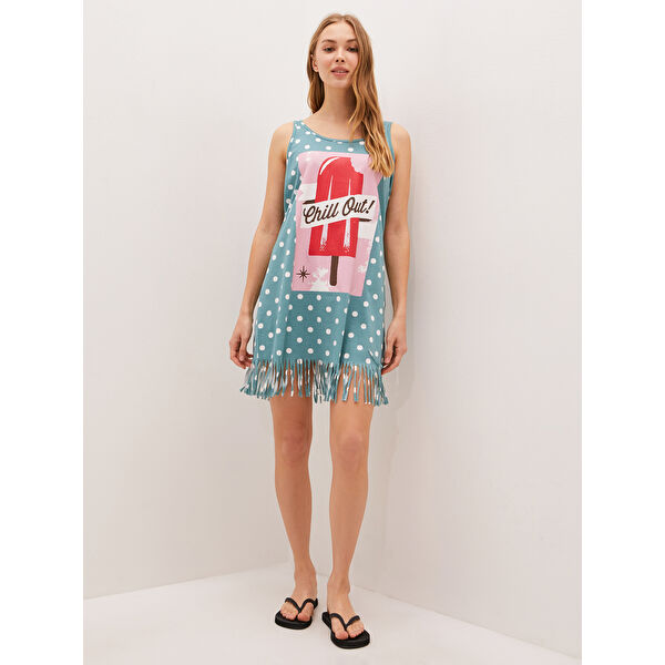 LCW DREAM U Yaka Askılı Yazı Baskılı Pamuklu Kadın Plaj Elbisesi