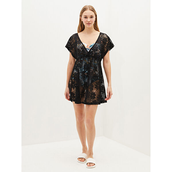 LCW DREAM V Yaka Kısa Kollu Dantelli Kadın Plaj Elbisesi