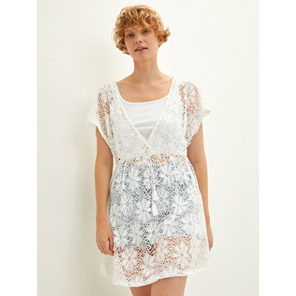 LCW DREAM V Yaka Kısa Kollu Dantelli Kadın Plaj Elbisesi