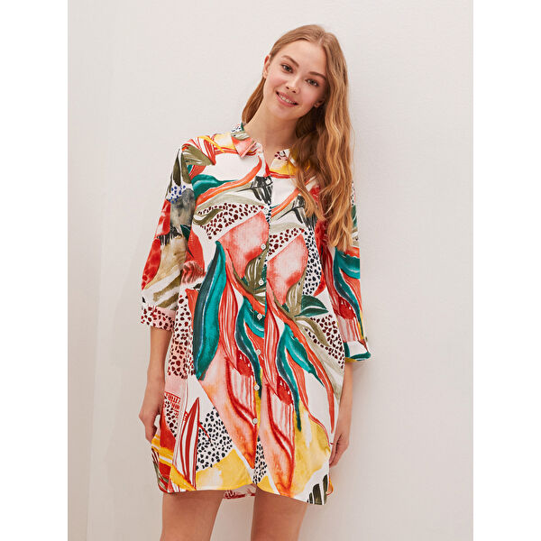 LCW DREAM Gömlek Yaka Desenli Vual Kumaş Kadın Plaj Elbisesi
