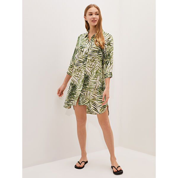 LCW DREAM Gömlek Yaka Desenli Vual Kumaş Kadın Plaj Elbisesi