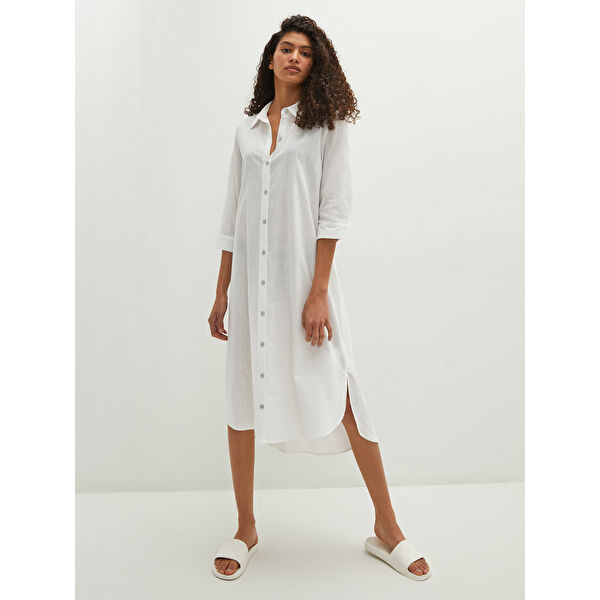 LCW DREAM Gömlek Yaka Düz Uzun Kollu Vual Kumaş Kadın Plaj Elbisesi