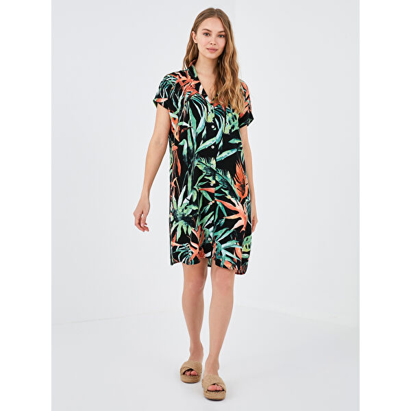 LCW DREAM Gömlek Yaka Desenli Kısa Kollu Vual Kumaş Kadın Plaj Elbisesi LCW DREAM Gömlek Yaka Desenli Kısa Kollu Vual Kumaş Kadın Plaj Elbisesi