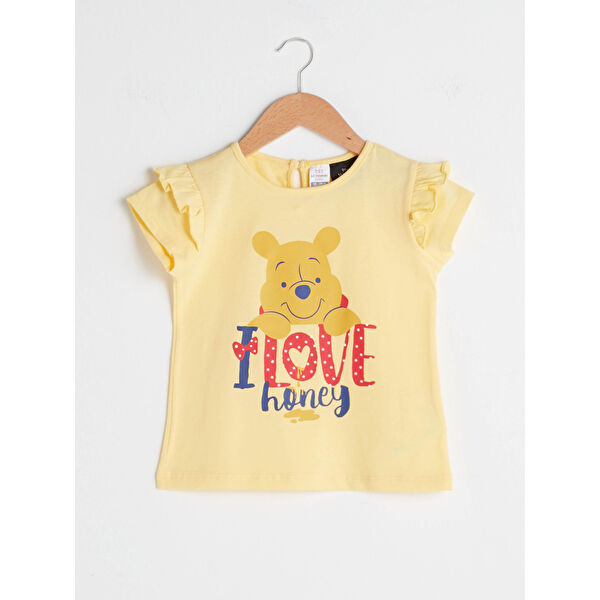 Bisiklet Yaka Kısa Kollu Winnie the Pooh Baskılı Pamuklu Kız Bebek Tişört