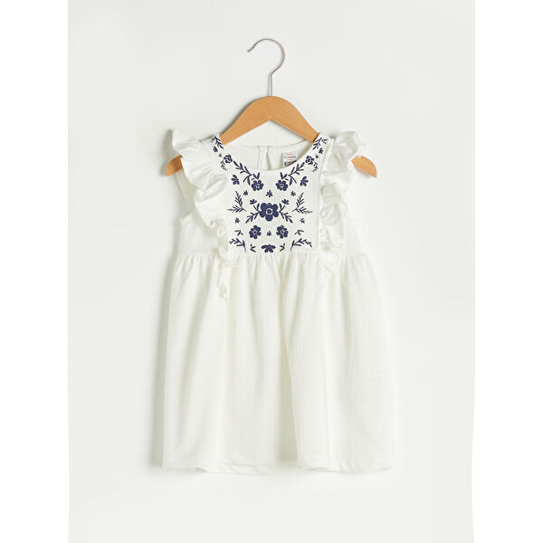 Bisiklet Yaka Fırfır Detaylı Nakışlı Kız Bebek Elbise