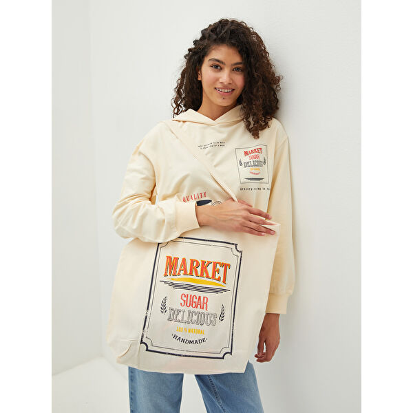 Kapüşonlu Baskılı Uzun Kollu Kadın Sweatshirt ve Baskılı Çanta Kapüşonlu Baskılı Uzun Kollu Kadın Sweatshirt ve Baskılı Çanta