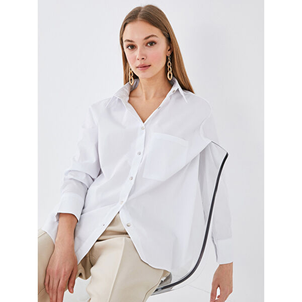 LCW VISION Cep Detaylı Düğme Kapamalı Uzun Kollu Poplin Kadın Gömlek