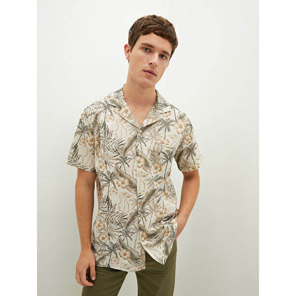 LCW CASUAL Resort Yaka Kısa Kollu Desenli Keten Erkek Gömlek