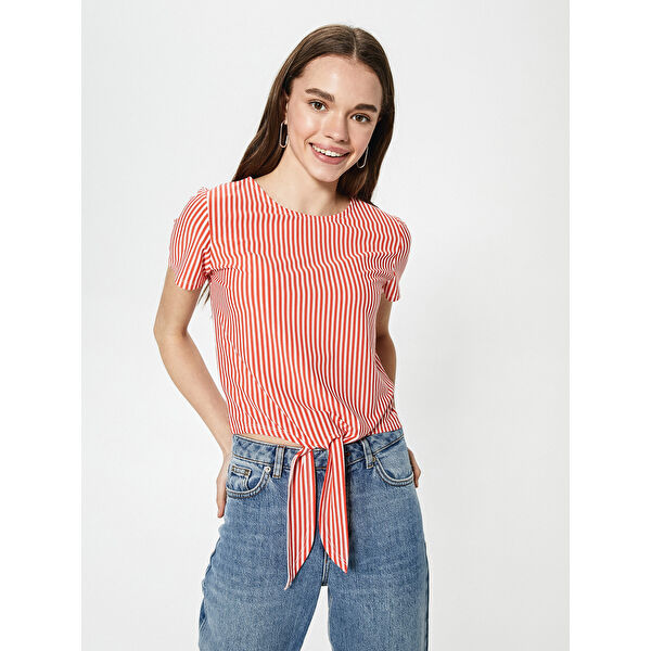 LCW CASUAL Bisiklet Yaka Çizgili Beli Bağlama Detaylı Kısa Kollu Kadın Tişört