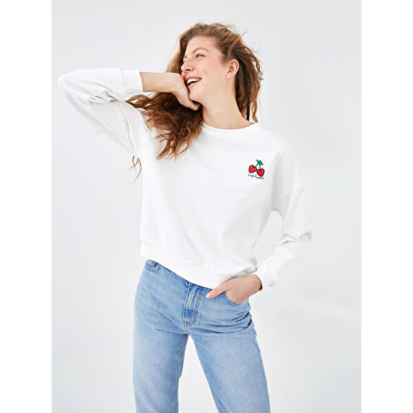 XSIDE Bisiklet Yaka Nakışlı Uzun Kollu Kadın Sweatshirt