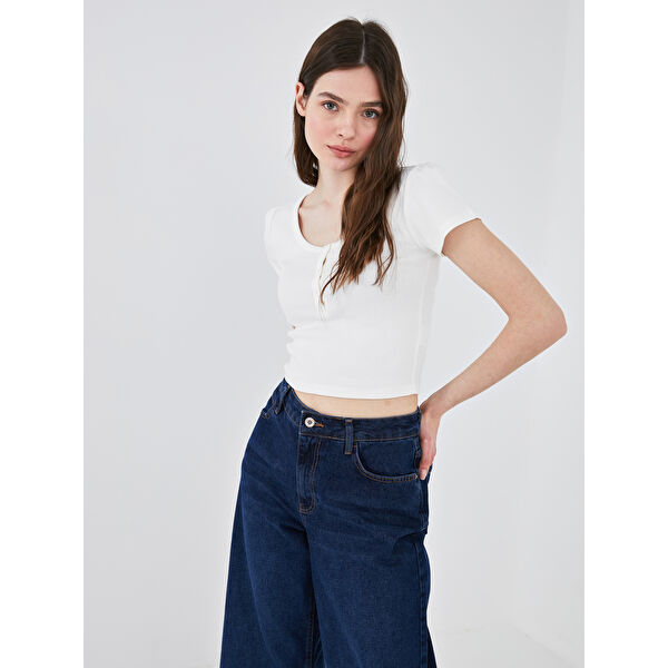 LCW CASUAL U Yaka Düz Düğme Detaylı Kısa Kollu Kaşkorse Kumaş Kadın Bluz