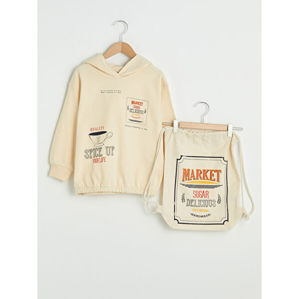 Kapüşonlu Baskılı Uzun Kollu Kız Çocuk Sweatshirt ve Bez Çanta Anne Kız Kombini