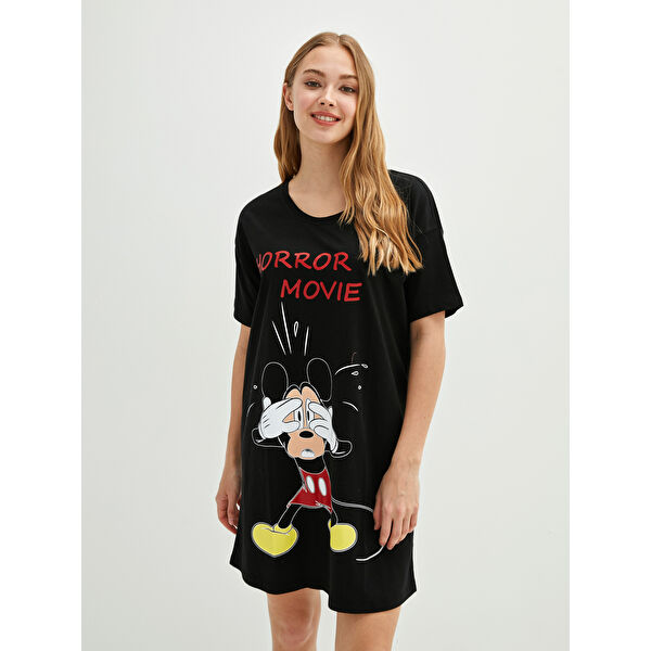 LCW DREAM Bisiklet Yaka Mickey Mouse Baskılı Kısa Kollu Pamuklu Kadın Gecelik