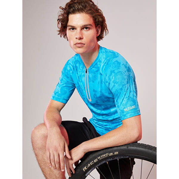 Outdoor Fermuarlı Yaka Kısa Kollu Desenli Erkek Tişört