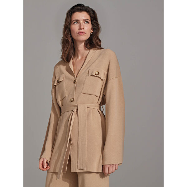 LCW CLASSIC Şal Yaka Beli Kuşaklı Cep Detaylı Uzun Kollu Kadın  Hırka