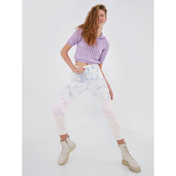 Desenli Mom Fit Kadın Jean Pantolon