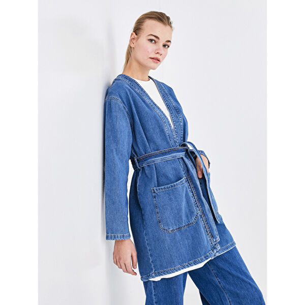 MODEST Beli Bağlamalı Cep Detaylı Kadın Jean Tunik