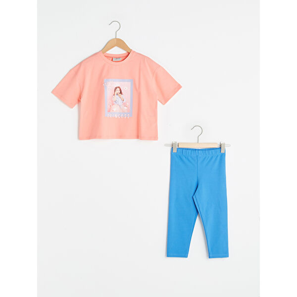 Bisiklet Yaka Baskılı Kısa Kollu Kız Çocuk Tişört ve Tayt