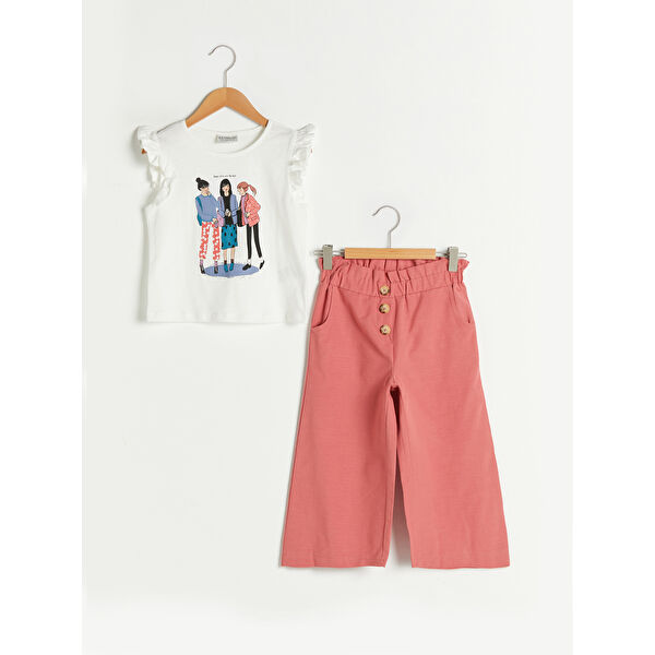 Bisiklet Yaka Baskılı Kolları Fırfır Detaylı Pamuklu Kız Çocuk Bluz ve Pantolon