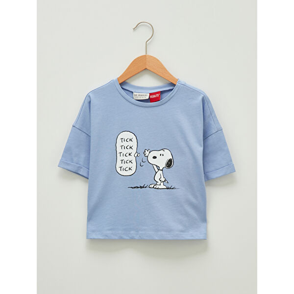 Bisiklet Yaka Snoopy Baskılı Kısa Kollu Pamuklu Kız Çocuk Tişört