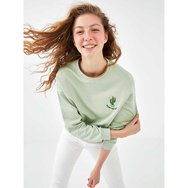 XSIDE Bisiklet Yaka Nakışlı Uzun Kollu Kadın Sweatshirt