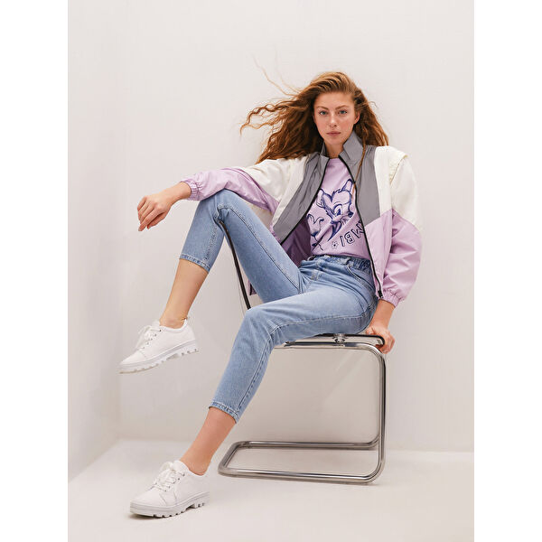 Dik Yaka Renk Bloklu Uzun Kollu Kadın Bomber Mont Dik Yaka Renk Bloklu Uzun Kollu Kadın Bomber Mont