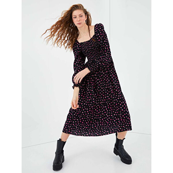 XSIDE Kare Yaka Çiçek Baskılı Uzun Kollu Viskon Kadın Elbise