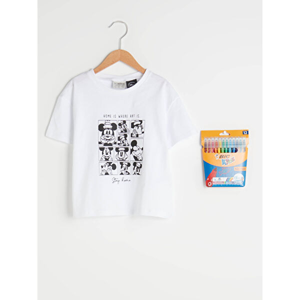 Bisiklet Yaka Mickey Mouse Baskılı Kısa Kollu Kız Çocuk Tişört ve Boya Kalemi