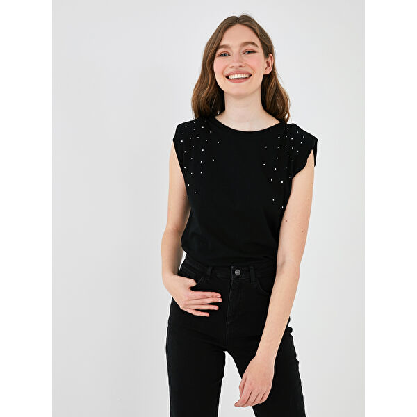 LCW CASUAL Bisiklet Yaka Taş Baskılı Kolsuz Pamuklu Kadın Tişört