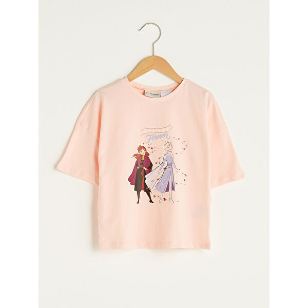 Bisiklet Yaka Frozen Baskılı Kısa Kollu Pamuklu Kız Çocuk Tişört